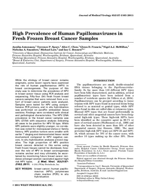 Pdf High Prevalence Of Human Papillomaviruses In Fresh Frozen Breast
