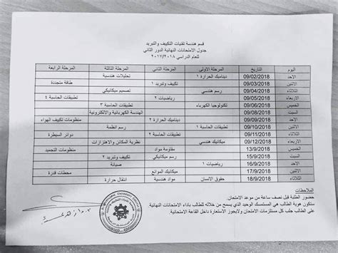 جدول امتحانات الدور الثاني لطلبة قسم هندسة تقنيات التكييف والتبريد في