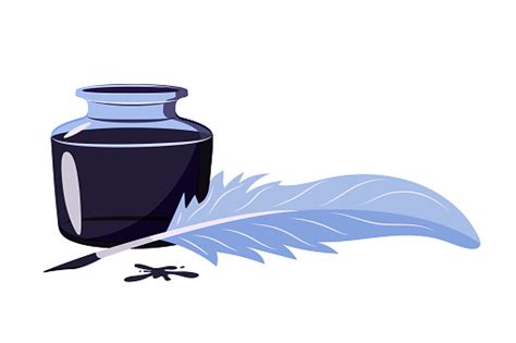 파란색 잉크로 된 펜 시 기호입니다 흰색 바탕에 잉크병 오래 된 필기구의 빈티지 그림 깃털에 대한 스톡 벡터 아트 및 기타