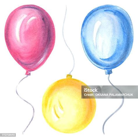 헬륨 공기 풍선 노란색 파란색 분홍색 끈 수채화 손으로 그린 그림 초대장과 카드 장식 스티커 만들기 자수 계획 포장에 인쇄 0