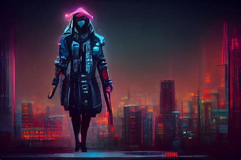 Premium Photo Cyberpunk Assasin Figure In Night Cyberpunk Style Neon