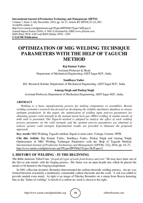 Pdf Optimization Of Mig Welding Technique Parameters With The Help Of