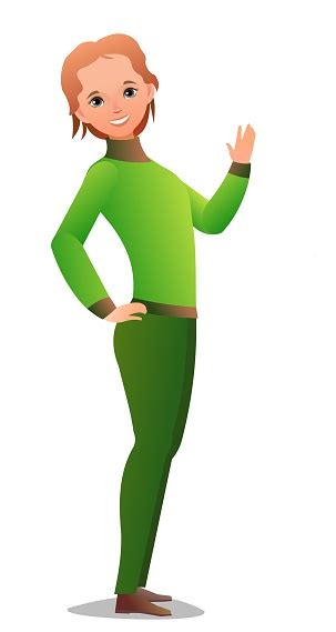 바지와 스웨터에 잘 생긴 어린 소녀 쾌활한 중년 십대 쾌활한 사람 스탠딩 포즈 만화 만화 플랫 디자인 단일 문자입니다 흰색 배경에 격리된 그림입니다 벡터 개념에 대한 스톡