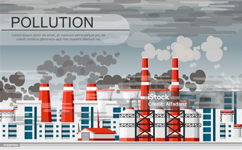 담배 파이프와 공장입니다 환경 오염 문제입니다 지구 공장 탄소 가스 오염 벡터 평면 그림입니다 더러운 회색 하늘 배경 벡터 일러스트입니다 텍스트에 대 한 장소 0명에 대한