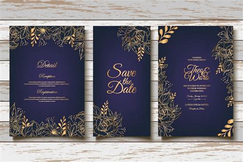 손으로 그린 황금 꽃 초대 카드 세트 프리미엄 벡터