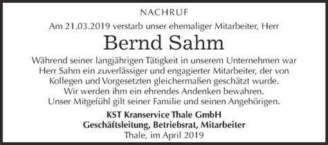 Traueranzeigen Von Bernd Sahm Abschied Nehmen De