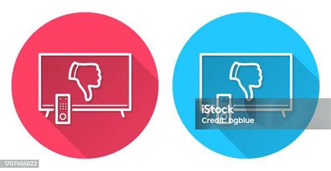 엄지손가락을 아래로 내린 Tv 빨간색 또는 파란색 배경에 긴 그림자가 있는 둥근 아이콘 Tv 보기에 대한 스톡 벡터 아트 및