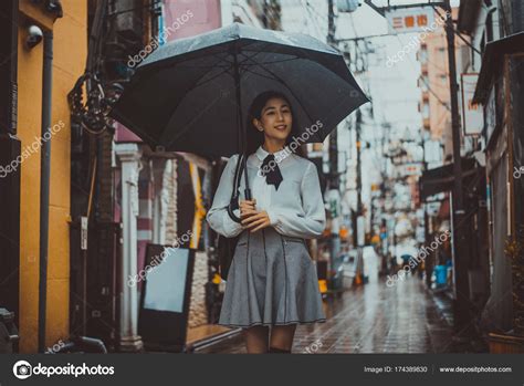 Beautiful Japanese Girl Walking In Tokyo Concept About Teenager Stock