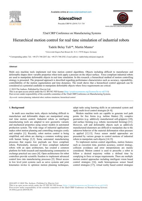 Pdf Hierarchical Motion Control For Real Time Simulation Of Industrial Robots