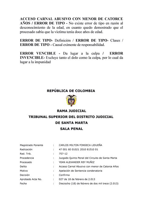 757 2012 Acceso Carnal Abusivo CON Menor DE Catorce AÑOS Error DE