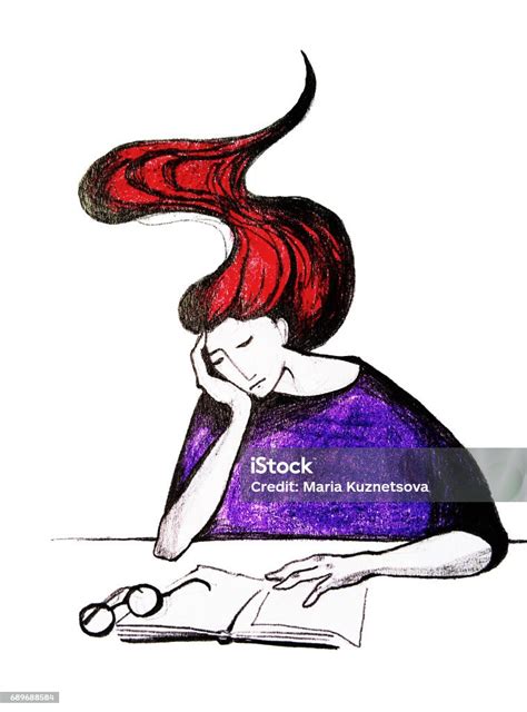 꿈 빨간 머리 소녀 손으로 그리는 수채화 그림 흰색 배경에 고립 감정에 대한 스톡 벡터 아트 및 기타 이미지 감정 고독