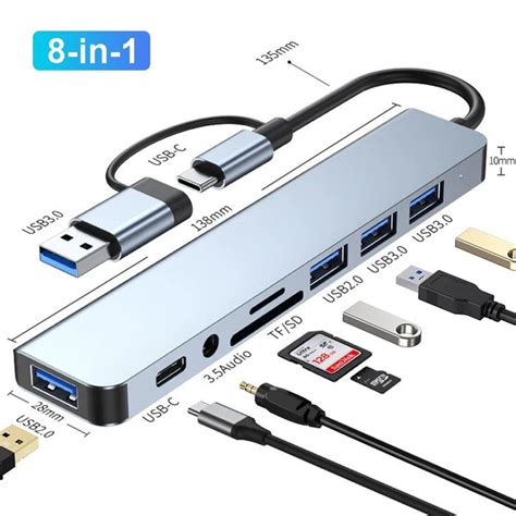 8in1 Usb Hub Splitter Tf Sd Card Reader Usb3 0 8 Port Hub Splitter 3 5mm Audio Usb C Hub Type C