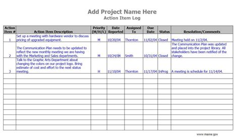Action Log Template Excel