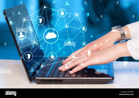 Hand Using Laptop With Centralized Cloud Computing System And Network