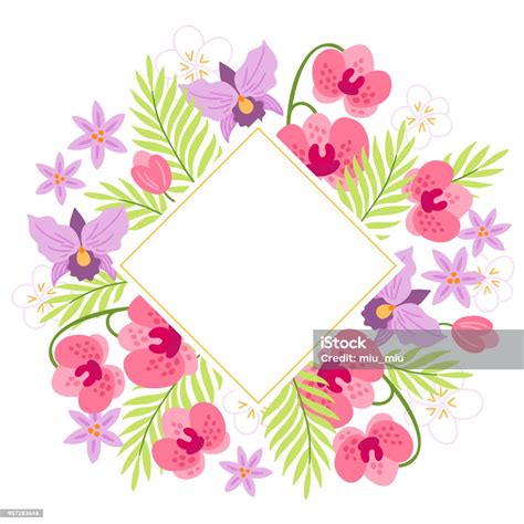 여름 인사말 카드와 난초 Plumeria 팜 잎 0명에 대한 스톡 벡터 아트 및 기타 이미지 0명 고풍스런 공란 Istock