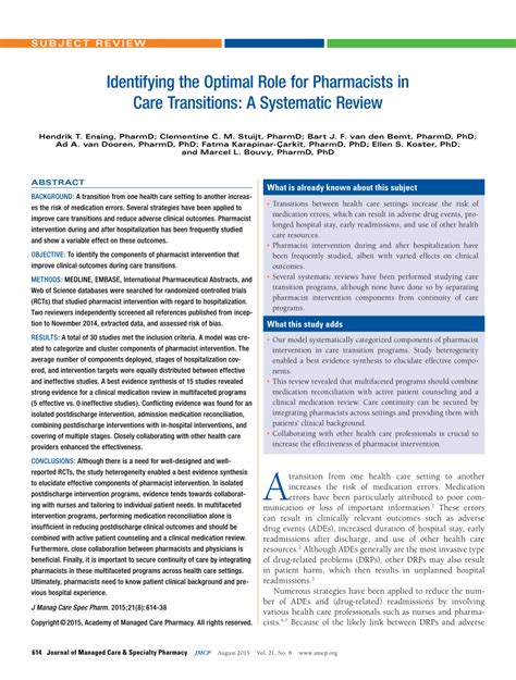 Pdf Identifying The Optimal Role For Pharmacists In Care Transitions