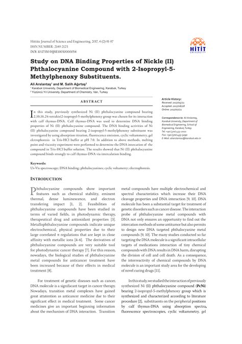Pdf Dna Binding Properties Of Nickle Ii Phthalocyanine With 2 Isopropyl 5 Methylphenoxy