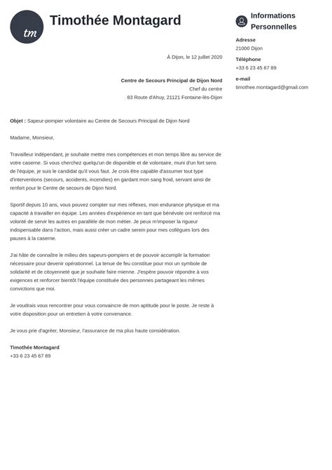 Lettre De Motivation Pompier Volontaire Exemple Lettr