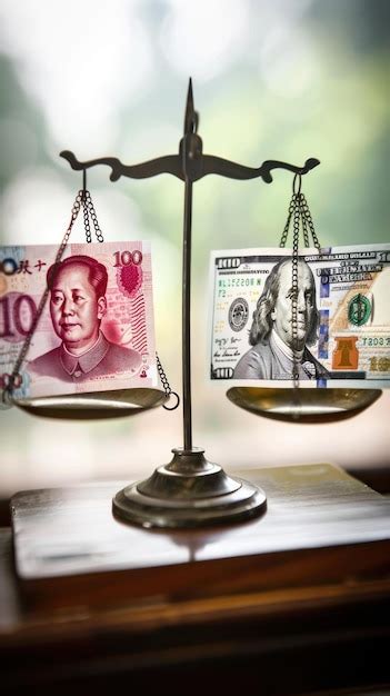 A Balance Scale With A Yuan Note On One Side And A Dollar Note On The