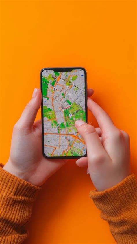 Woman Using Navigation App On Smartphone With Orange Background Stock Image Image Of Digital