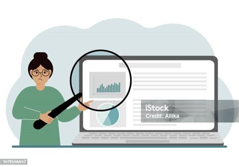 한 여성이 돋보기 벡터 일러스트레이션이 있는 노트북에서 보고서 프레젠테이션을 보여줍니다 재무 비즈니스 분석 감사 계획 개념 계획에 대한 스톡 벡터 아트 및 기타 이미지