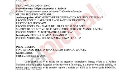El juez Peinado exige a la Policía copia del DNI de Begoña Gómez y miente al decir que está