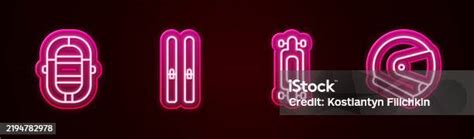 래프팅 보트 스키 및 스틱 롱 보드 또는 스케이트 보드와 헬멧을 설정합니다 빛나는 네온 아이콘입니다 벡터 0명에 대한 스톡 벡터