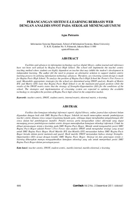 Pdf Perancangan Sistem E Learning Berbasis Web Dengan Analisis Swot