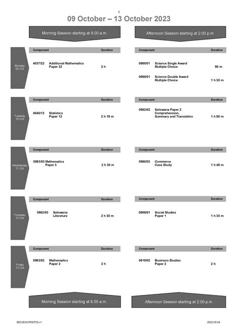 2023 Bgcse Timetable Botswana Examinations Council