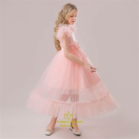 Peach Tulle Flutter Sleeve Flower Girl Dresses With V Back Vampal Dresses