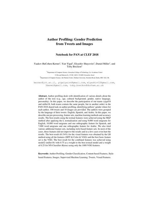 Pdf Author Profiling Gender Prediction From Tweets And Images Notebook For Pan At Clef 2018
