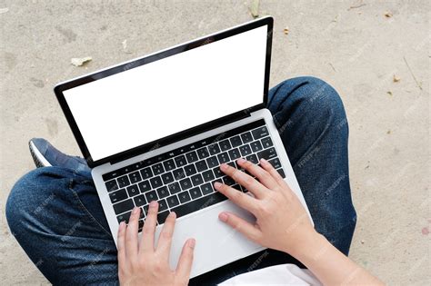 Premium Photo Man Hands Typing Laptop Computer With Blank Screen For Mock Up Template Background