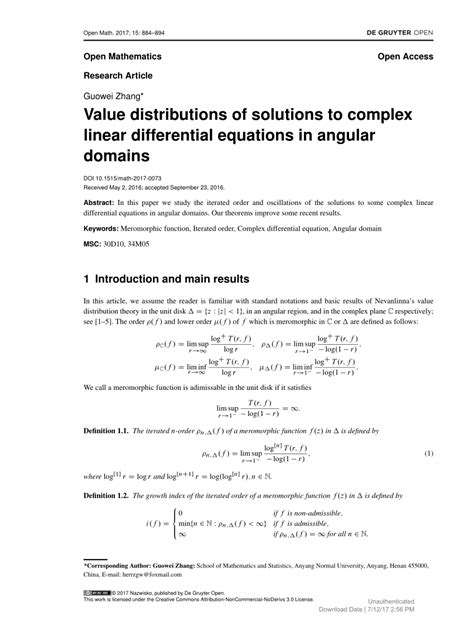 Pdf Value Distributions Of Solutions To Complex Linear Differential Equations In Angular Domains