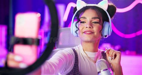 Selfie Girl Or Content Creator With Phone For Live Streaming Update Of