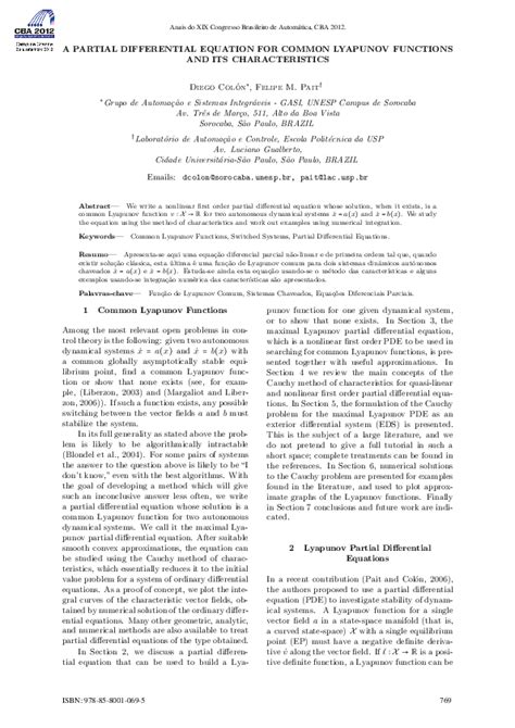 Pdf A Partial Differential Equation For Common Lyapunov Functions And Its Characteristics