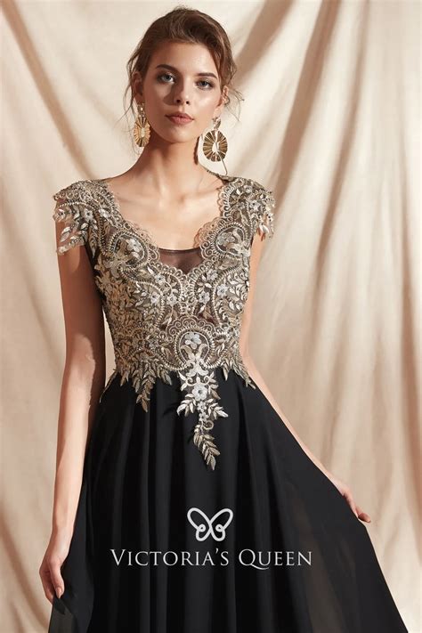 Gold Lace And Red Chiffon Fancy Cap Sleeve Long Prom Dress Vq