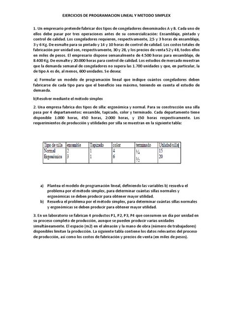 Ejercicios De Programacion Lineal Y El Metodo Simplex A Pdf