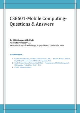 CS8601 Mobile Computing Two Marks Questions And Answer PDF