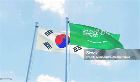 사우디아라비아와 한국 두 깃발을 물결치는 푸른 하늘에 대 한 0명에 대한 스톡 사진 및 기타 이미지 0명 3차원 형태