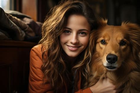 Premium Ai Image A Woman Smiling At Her Golden Retriever Animal