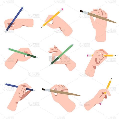 手握钢笔，铅笔和刷子矢量插图集