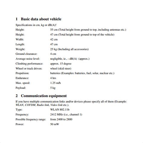 Spec Sheet Samples Sample Templates