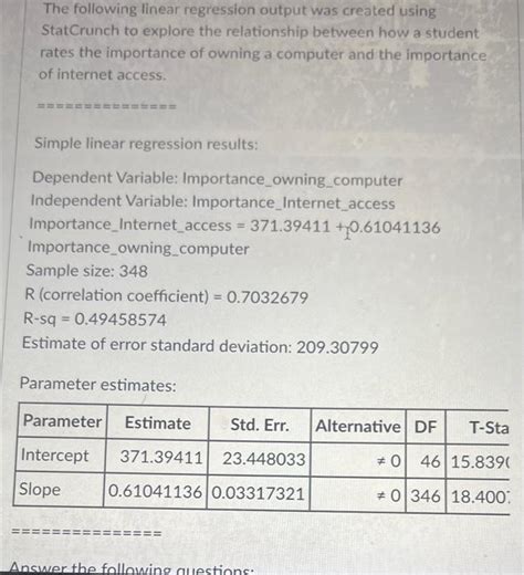 Solved The Following Linear Regression Output Was Created Chegg