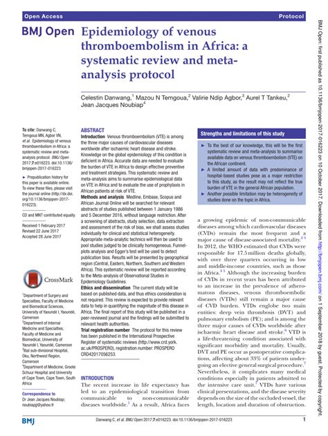 Pdf Epidemiology Of Venous Thromboembolism In Africa A Systematic