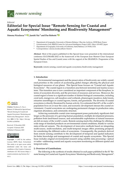 Pdf Editorial For Special Issue Remote Sensing For Coastal And Aquatic Ecosystems Monitoring