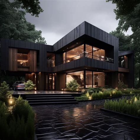 Black Modern House In Forest Vray Tracing Style