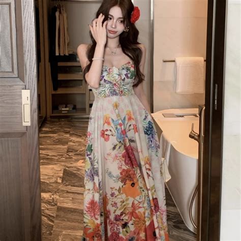 레드베리 여름신상꽃원피스 뷔스티에 리본 스카프 끈 나시 플라워 A라인 롱원피스 동양풍 수채화 비치 롱드레스 동남아 여행 해변