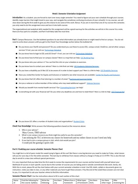 Semester Orientation Assignment Pdf