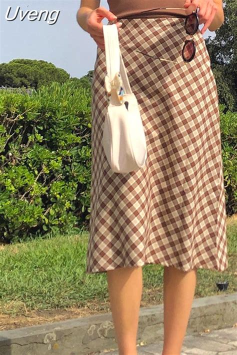 Uveng Lady Vintage Plaid Midi Skirts Y2K Aesthetic Fairy Grunge High