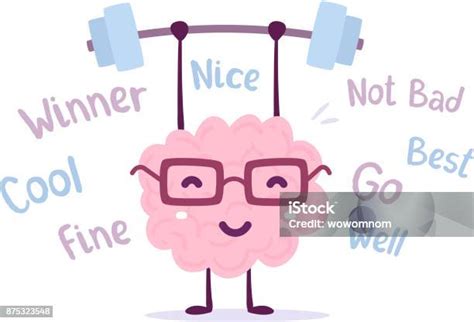 강한 만화 두뇌 개념입니다 태그와 흰색 배경에 안경 쉽게 리프트 무게와 핑크 색상 미소 뇌의 벡터 그림 체육관에 대한 스톡 벡터